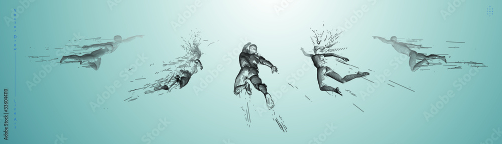 Sport concept of a flying people. Vector drawn by graphic lines. Sport ...