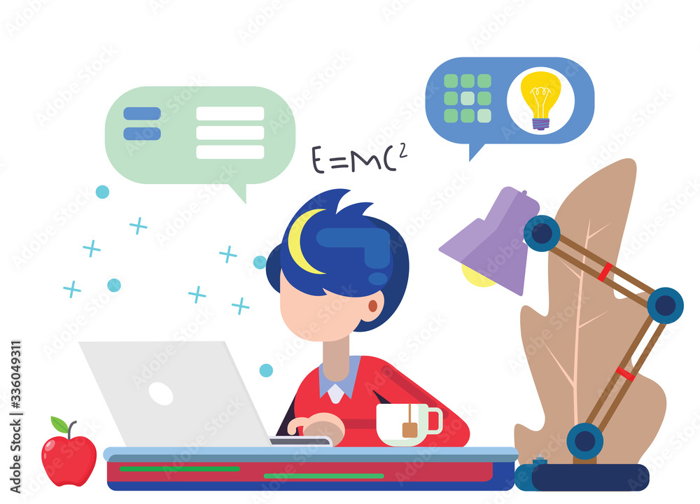 Student in learning process, Kid sitting his desk studying online using ...