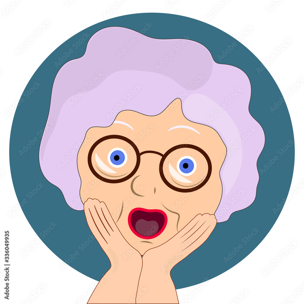 Flat icon, emotion will be scared . Granny with glasses and a scared ...