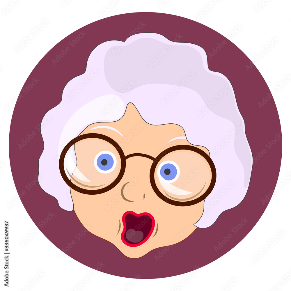 Flat icon, emotion will be scared . Granny with glasses and a scared ...