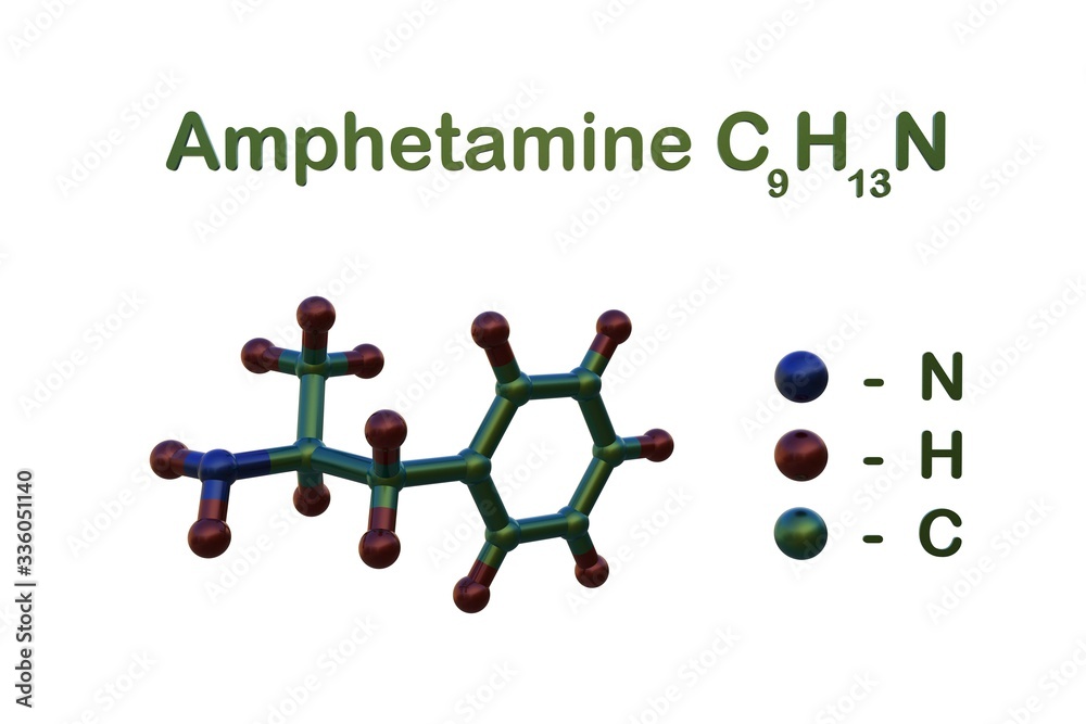Structural chemical formula and molecular model of amphetamine, the ...