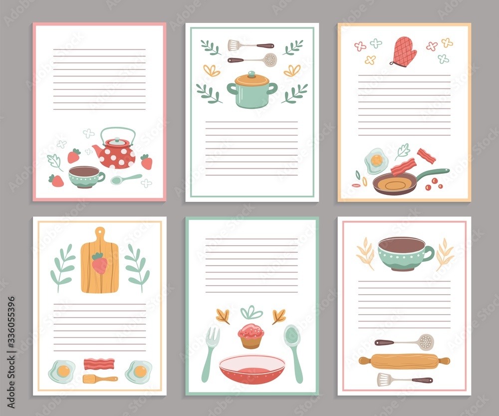 Recipe cards. Culinary book blank pages. Cookbook stickers, cute home ...
