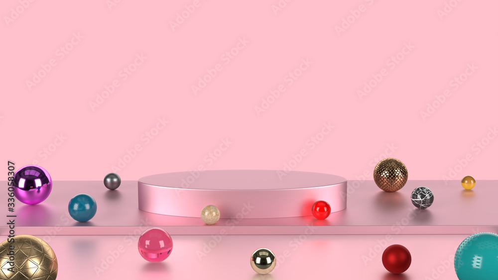 Pink pastel color product stand with colorful marble background ...
