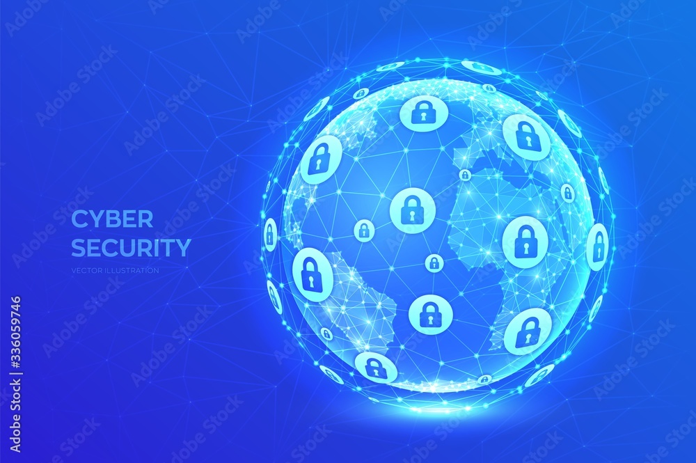 Cyber security. Earth globe illustration. Abstract polygonal planet ...