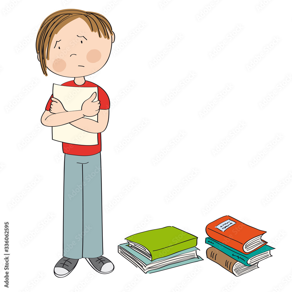 Sad and stressed teenage student standing and holding a list of paper ...