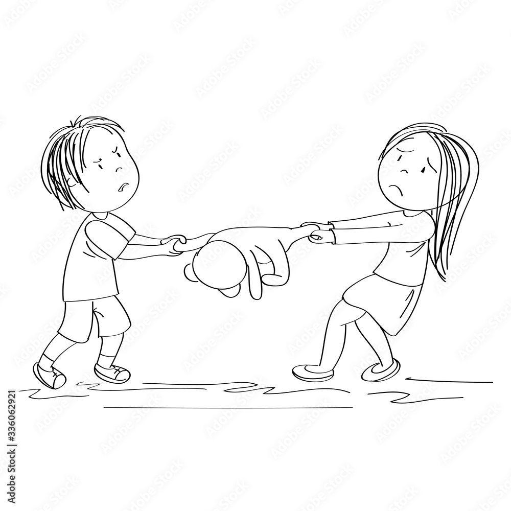 Two siblings (brother and sister) or friends fighting, pulling teddy ...