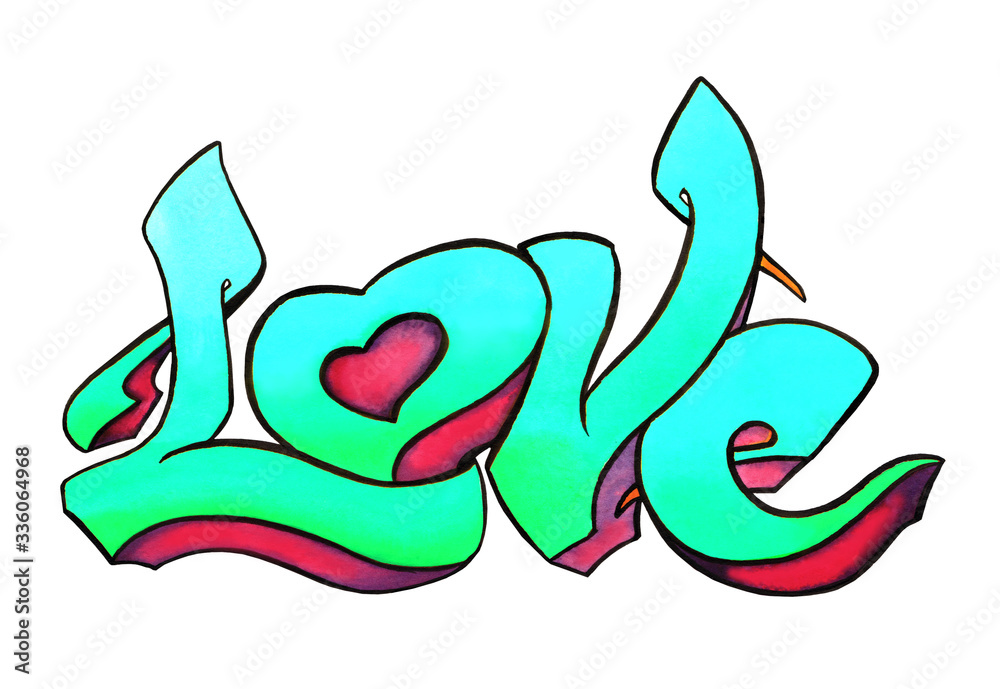 bright love inscription in graffiti style, lettering drawing, hand ...
