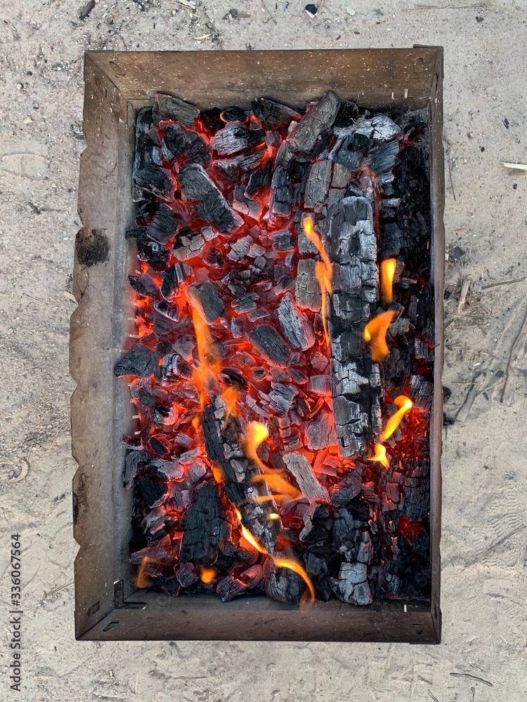 Hot grill during a picnic in the yard. Metallic roaster with coal, in ...