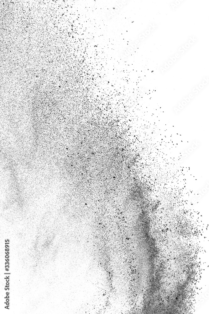 Black particles explosion isolated on white background. Abstract dust ...