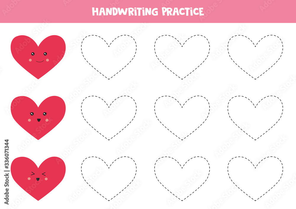 Handwriting practice with hearts. Tracing lines for children. Stock ...