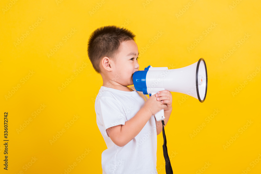 child boy holding and shouting or screaming through the megaphone Stock ...