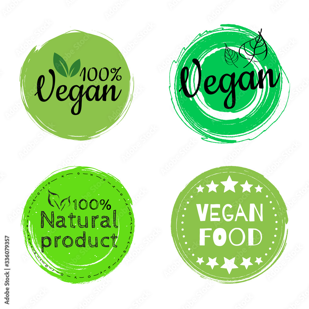 Fresh healthy organic vegan food logo labels and tags. Vector hand ...