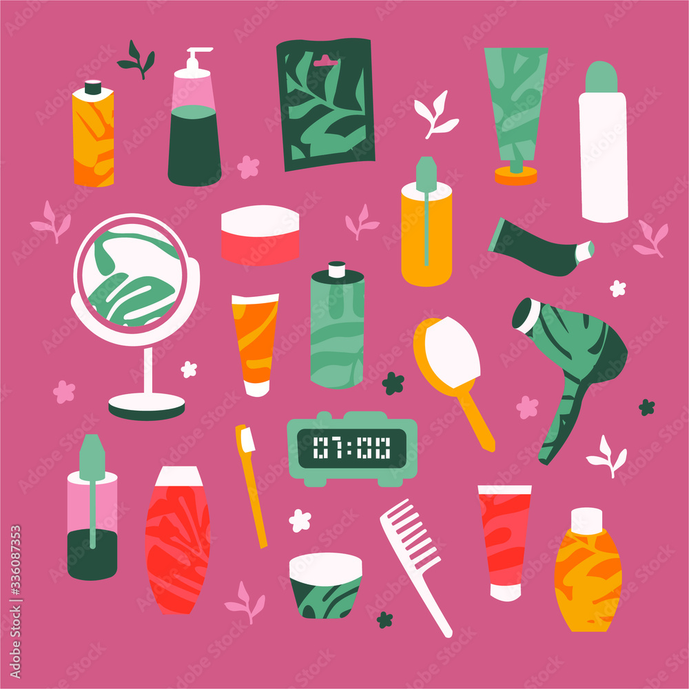 Vector cartoon set with cosmetic elements, alarm clock, mirror and ...