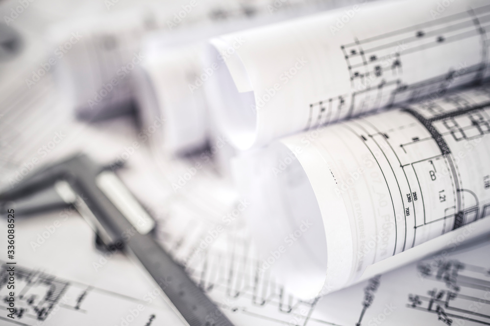 Engineering and technology of roll and flat technical drawing. Bunch of ...