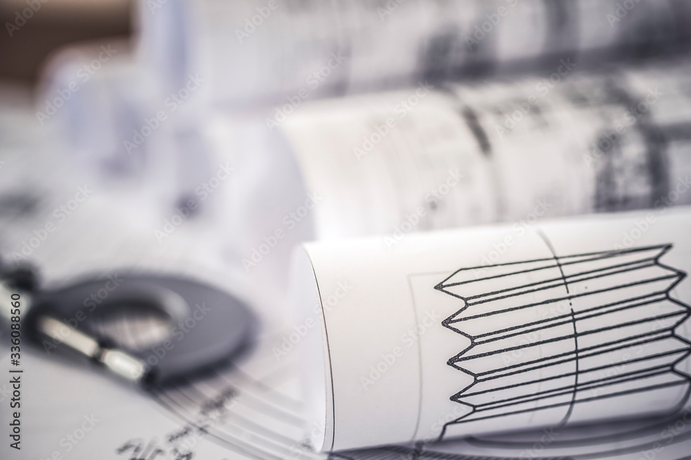 Engineering and technology of roll and flat technical drawing. Bunch of ...