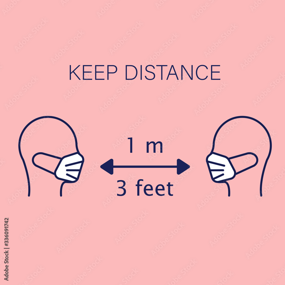 Keep distance. Sign. Men in masks are kept at a distance of 1m ...