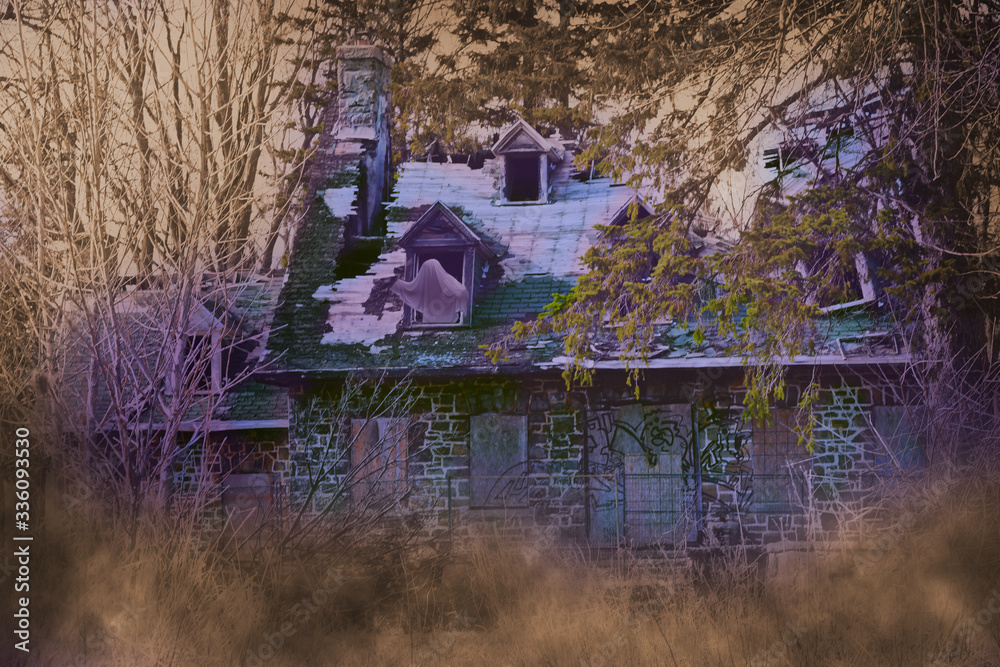 Old haunted stone house with a collapsed roof and a ghost in a dormer ...