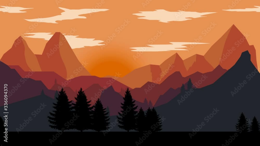Animated cartoon background. Looped animation of mountain landscape ...