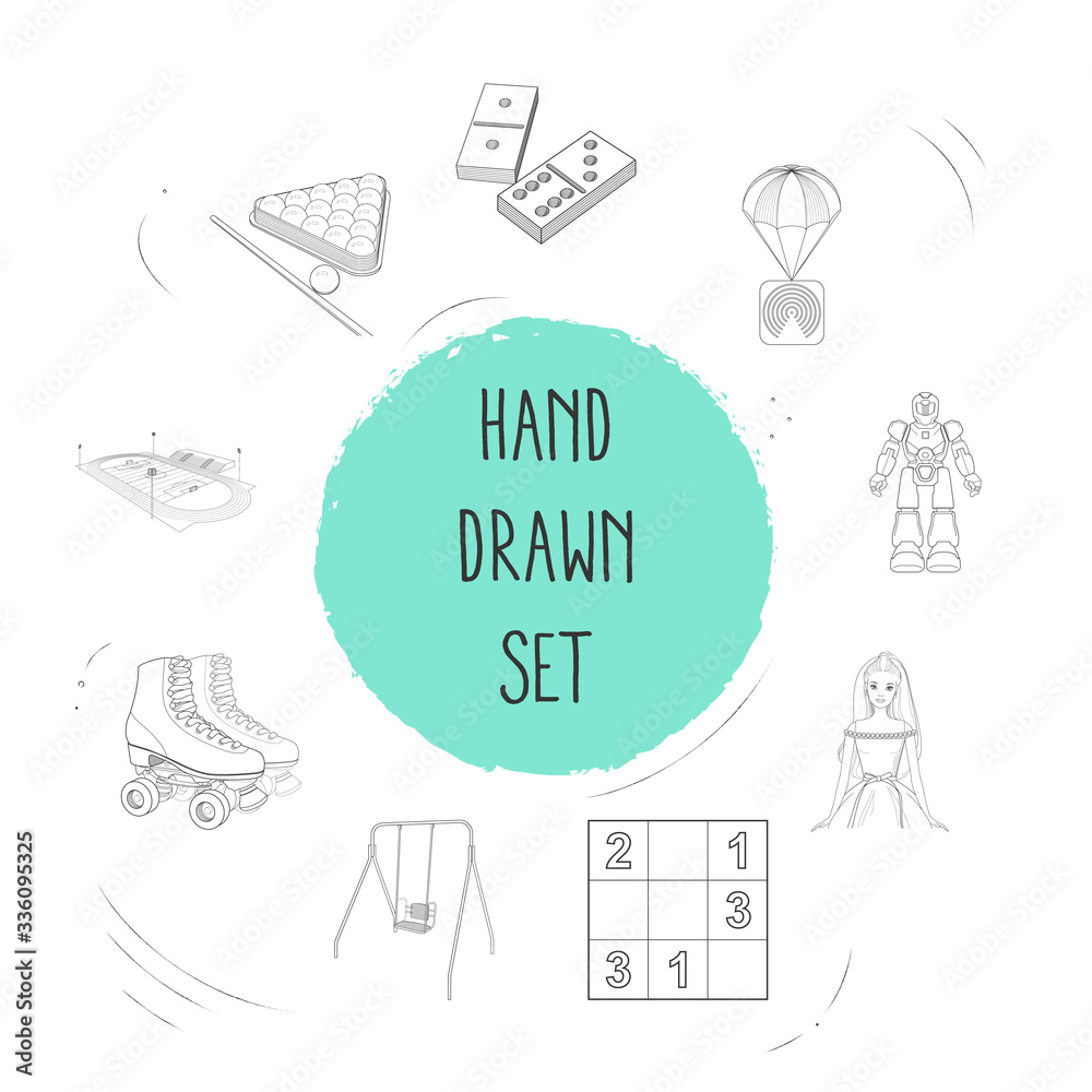 Set of hobby icons line style symbols with air drop, football stadium ...