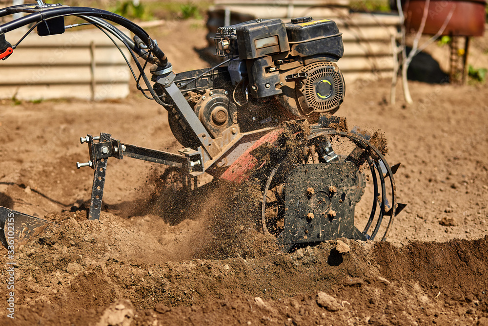 Gardener cultivate ground soil with tiller tractor or rototiller ...