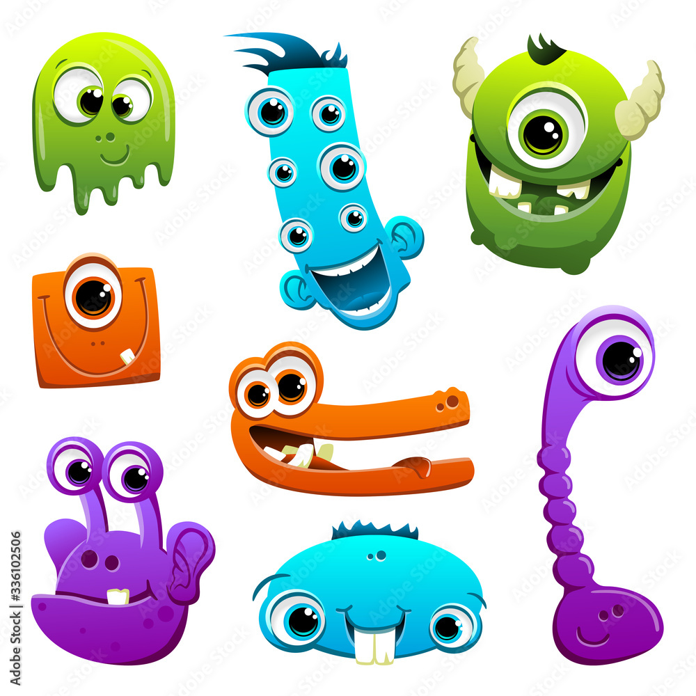 Vector set of colorful monster / alien character heads with various ...