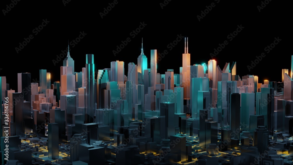 Abstract 3d city rendering with lines and digital elements. Digital ...