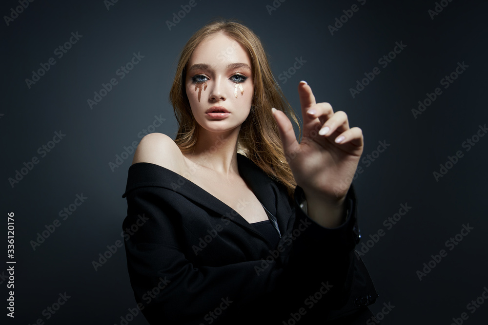 Beauty portrait blonde woman with makeup and big blue eyes, natural ...