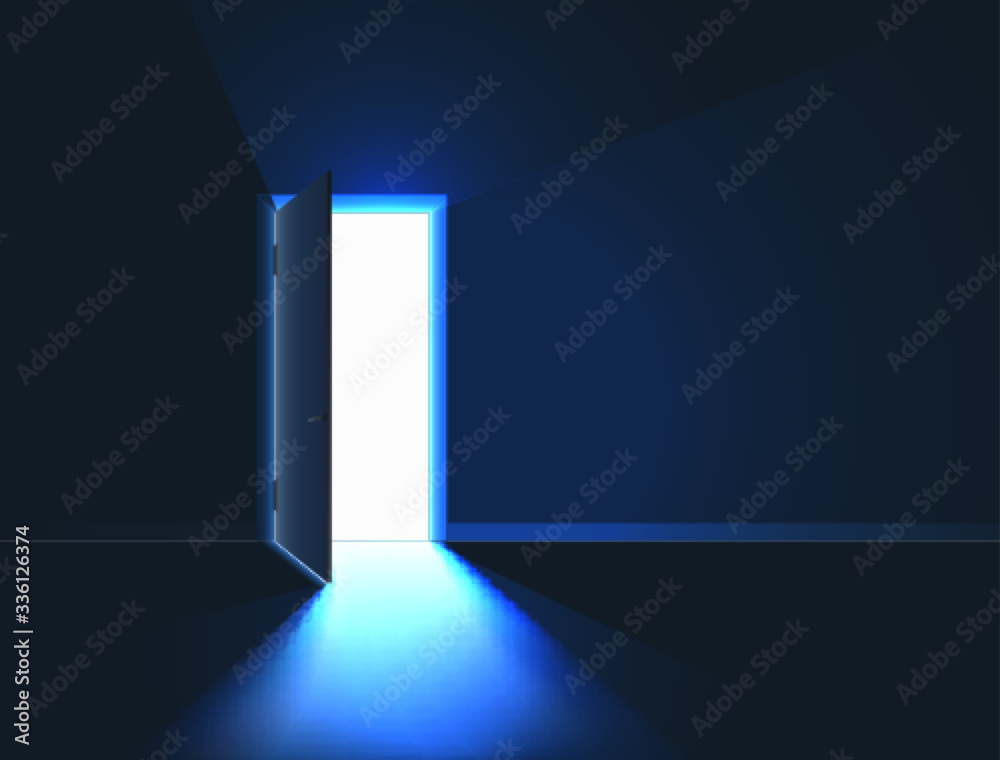 Bright light in room through open door. Open Door in dark room. Vector ...