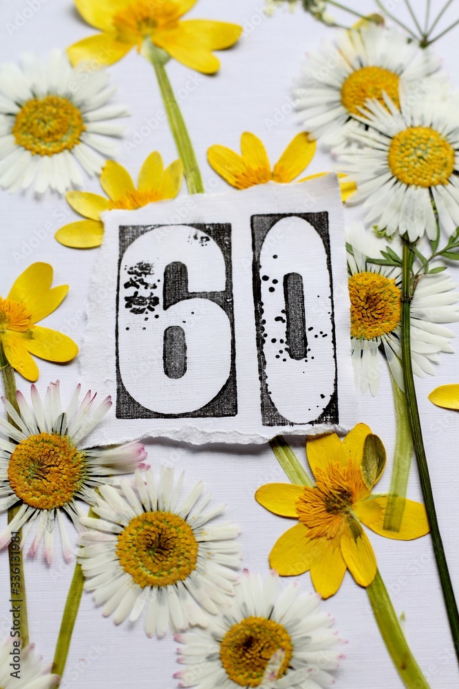 Sixtieth birthday card image, a stamped number sixty surrounded by ...