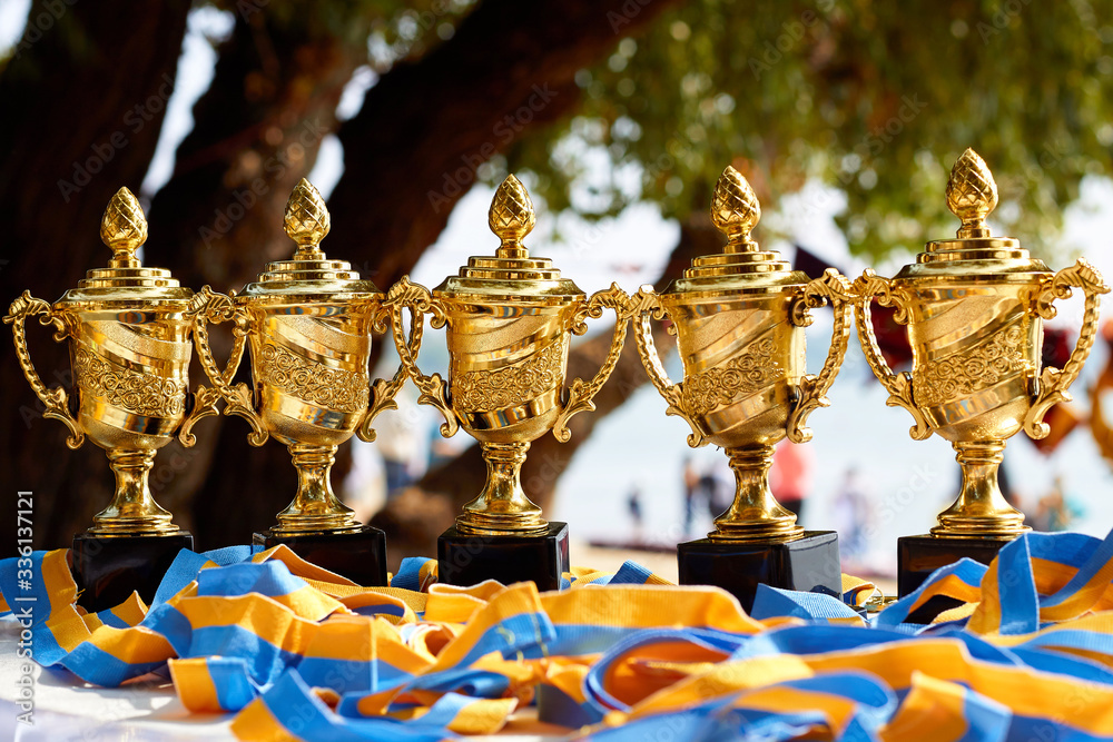 Winner's gold cup сups and medals with yellow-blue ribbons as prepared ...