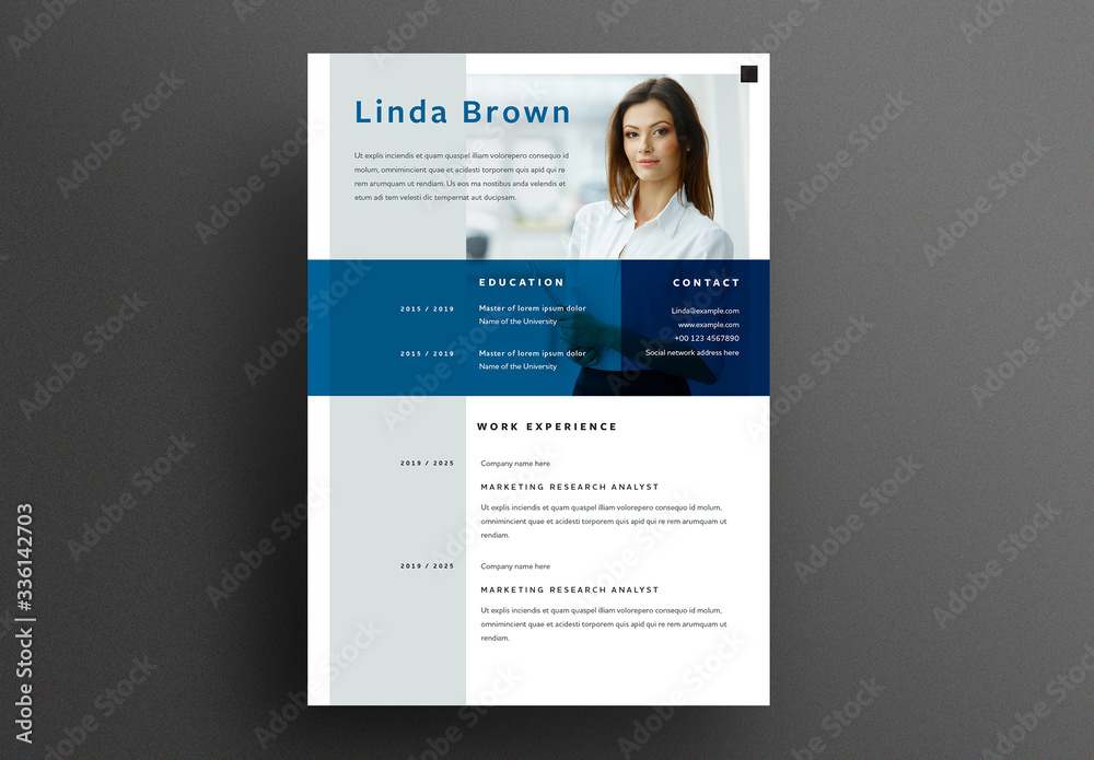 Resume Layout with Large Placeholder and Blue Accents Stock Template | Adobe Stock