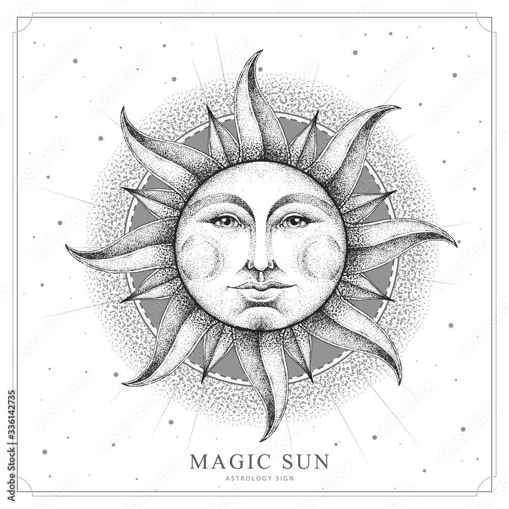 Modern magic witchcraft card with astrology sun sign with human face ...