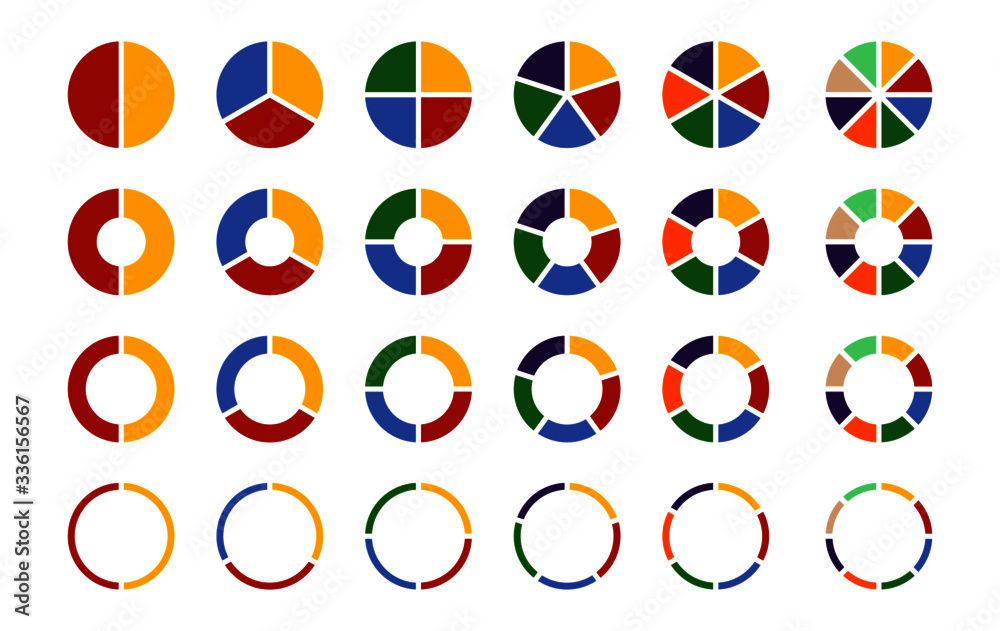 Pie chart icon set. Flat colorful circle diagrams with 2,3,4,5,6,8 ...