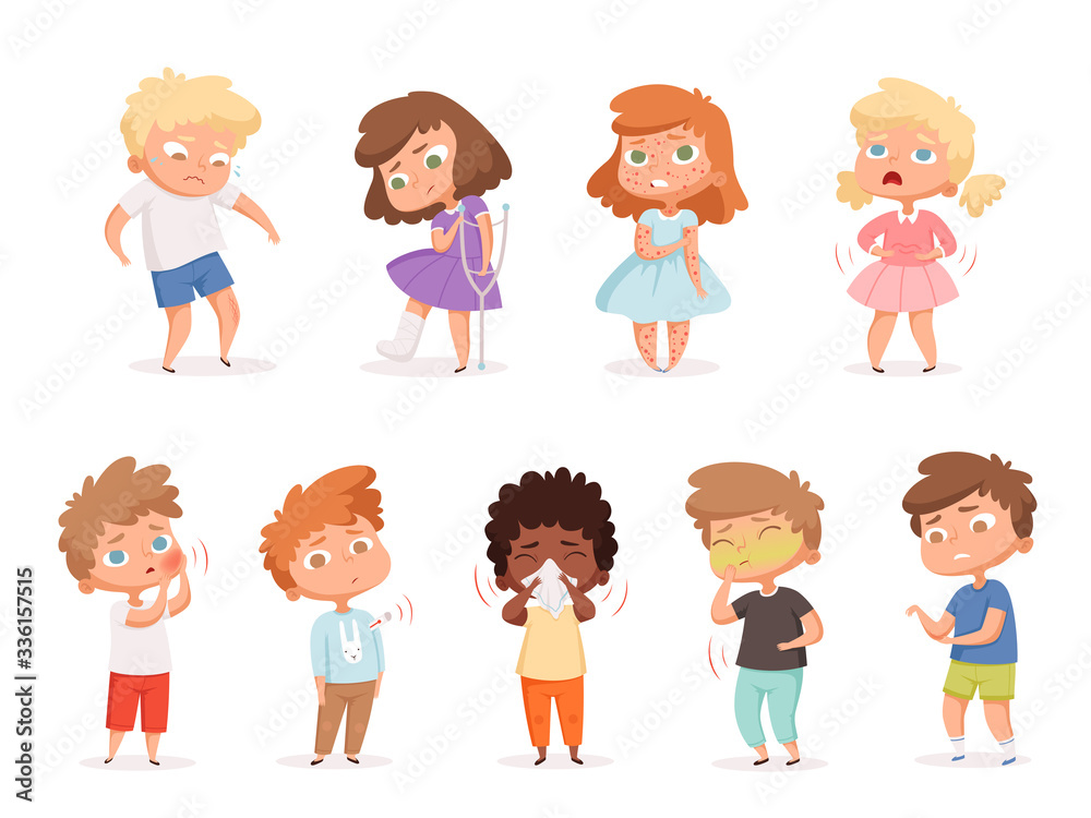 Unhealthy kids. Sick people coughing illness problems health vomiting ...
