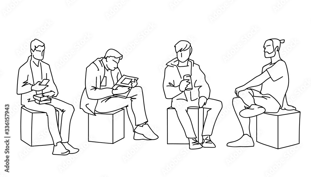 Men sitting in different poses. Black lines on white background ...