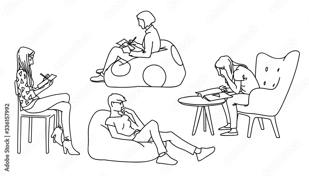 Women sitting in different poses. Sketch. Vector illustration of ...