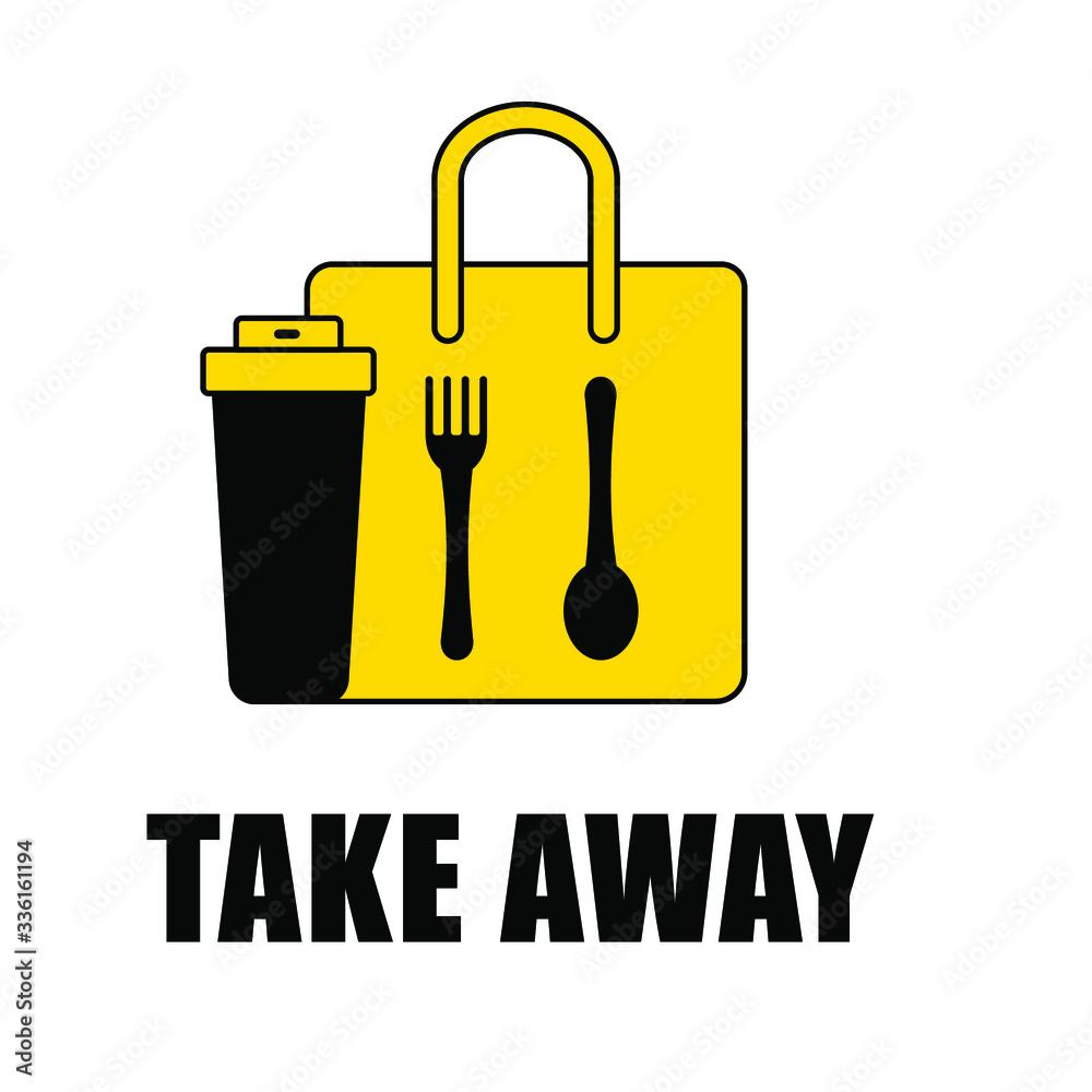 Vector sign "Take away".Illustration of yellow bag with a spoon and a ...