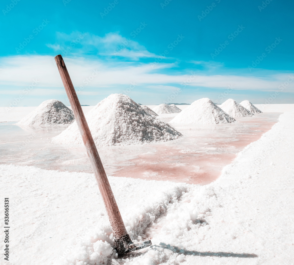 Salt production instrument on backgroung of salt hills in Salar de ...