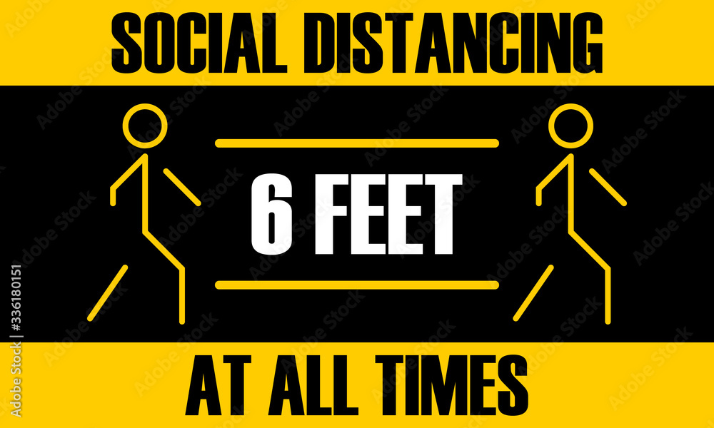 Warning sign concept advising people to keep a distance of at least 6 ...