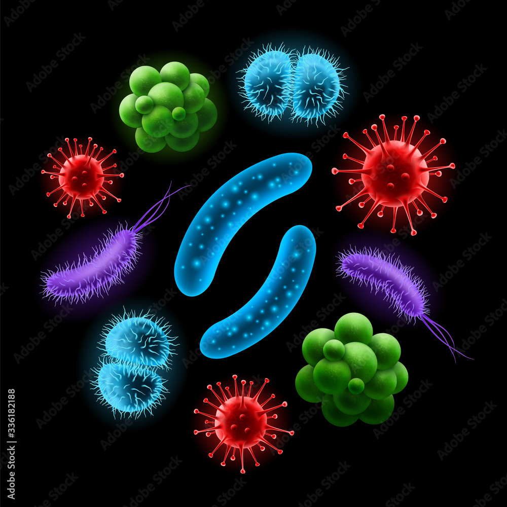 Set of realistic virus and probiotic bacteria cells, microbe and ...