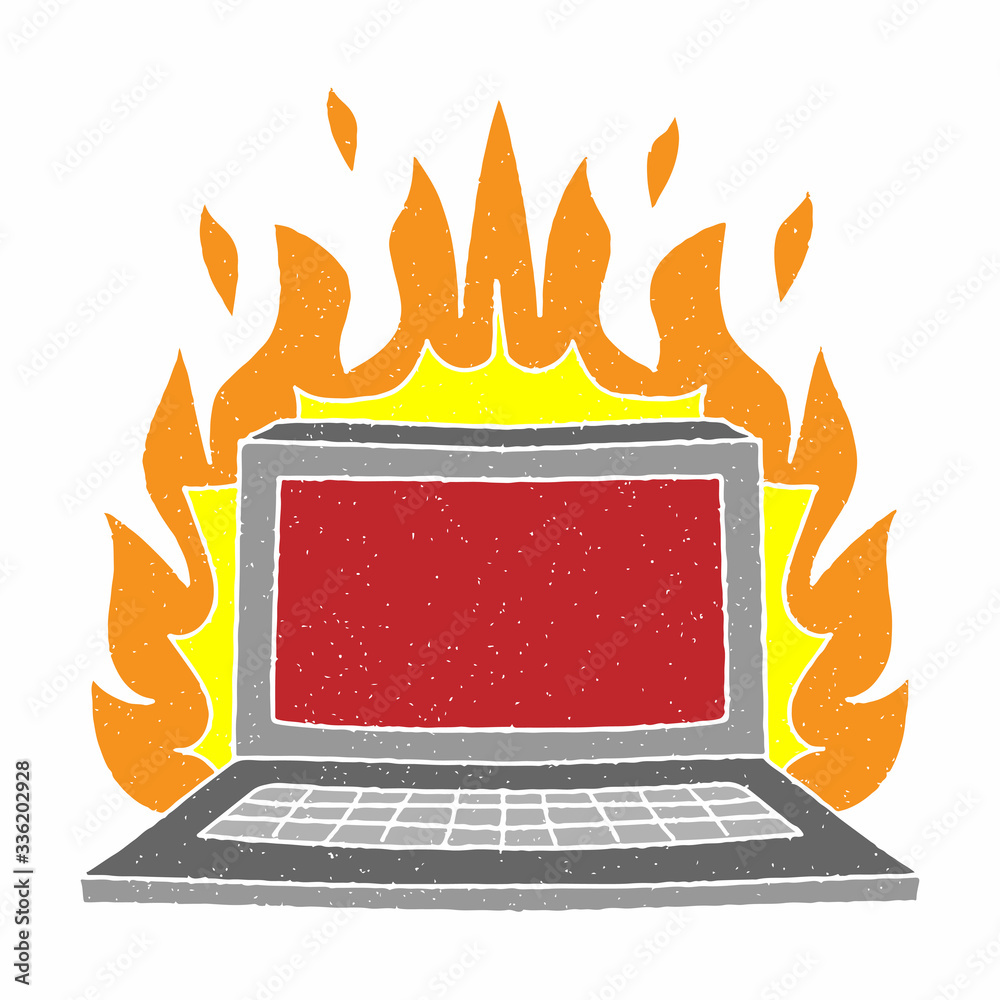 laptop on fire vector design. digital hand drawn style. grain texture ...