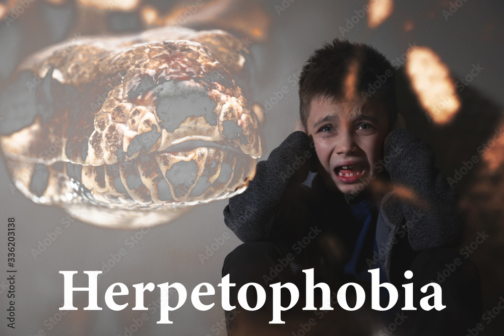 Double exposure of scared little boy suffering from herpetophobia on ...