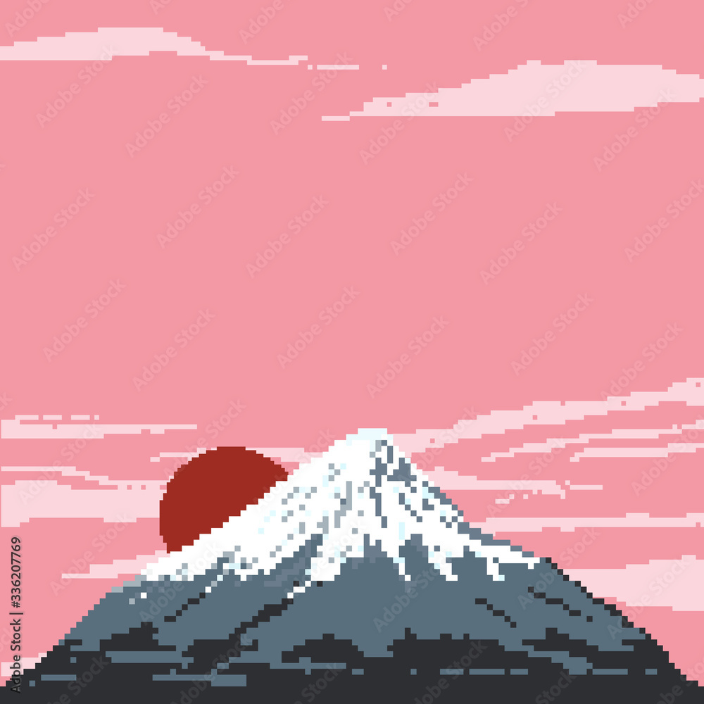 Pixel Fuji mountain at sunset and the red sun, crane and Japan pagoda ...