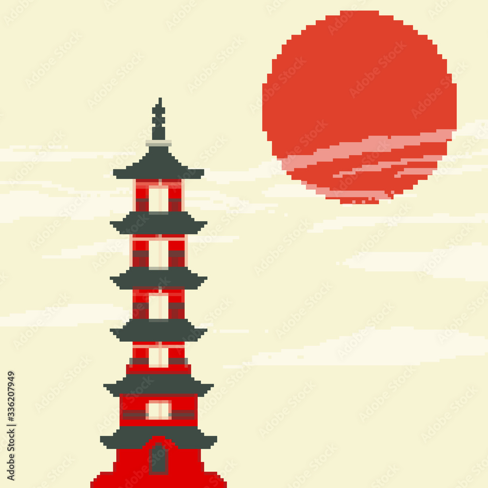 Pixel art of Japan pagoda, house at sunset and the red sun. Japan ... Pixel art of Japan pagoda, house at sunset and the red sun. Japan ...