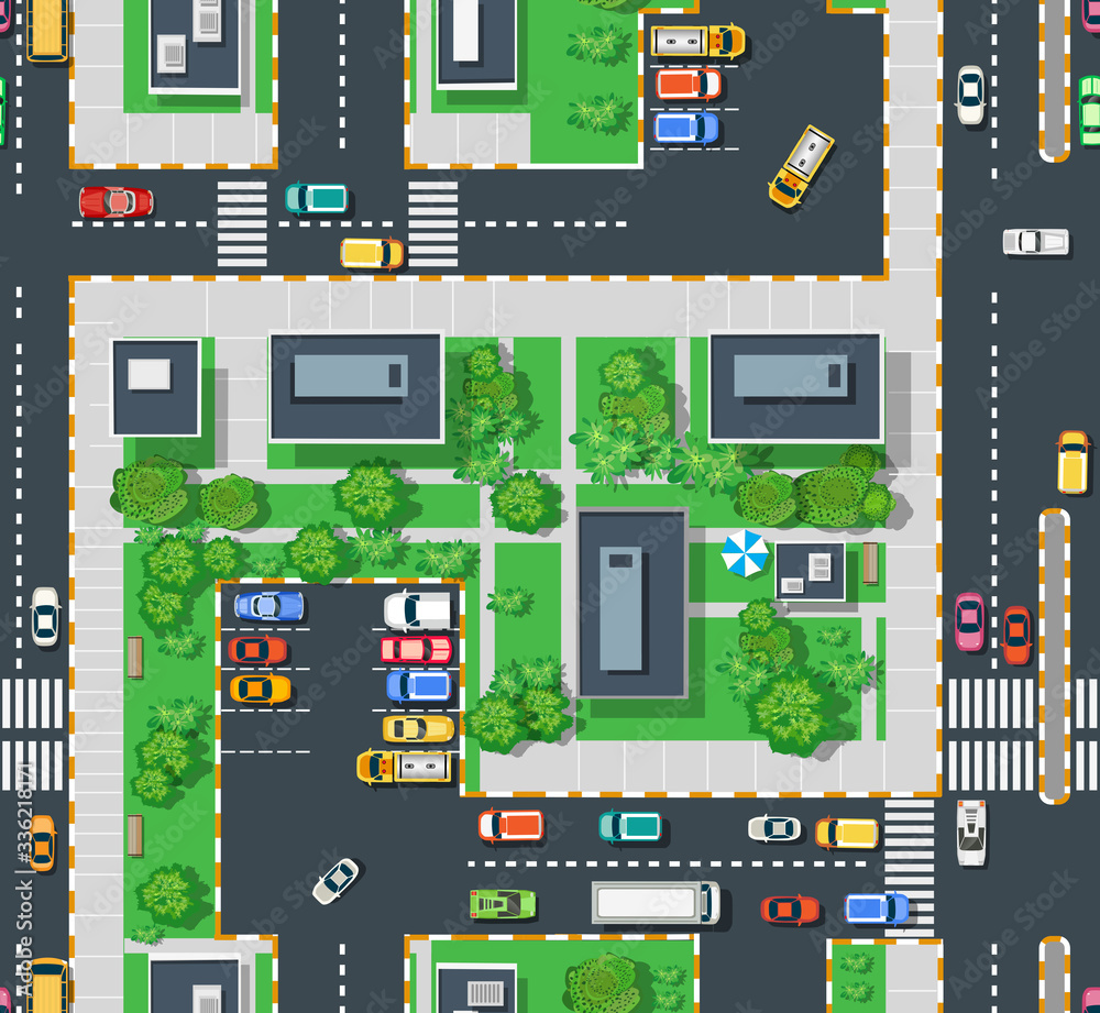 Urban top view area with building trees lawns Stock Vector | Adobe Stock