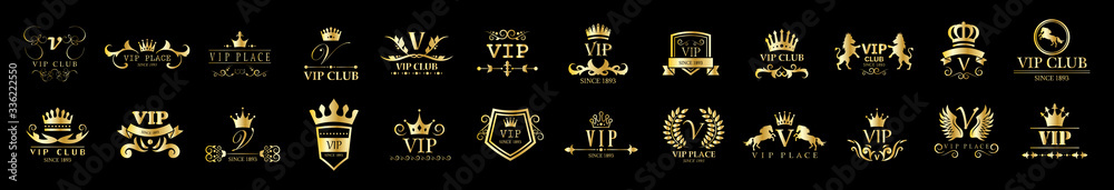 Golden Vip Logo Set - Isolated On Black Background, Vector Illustration ...