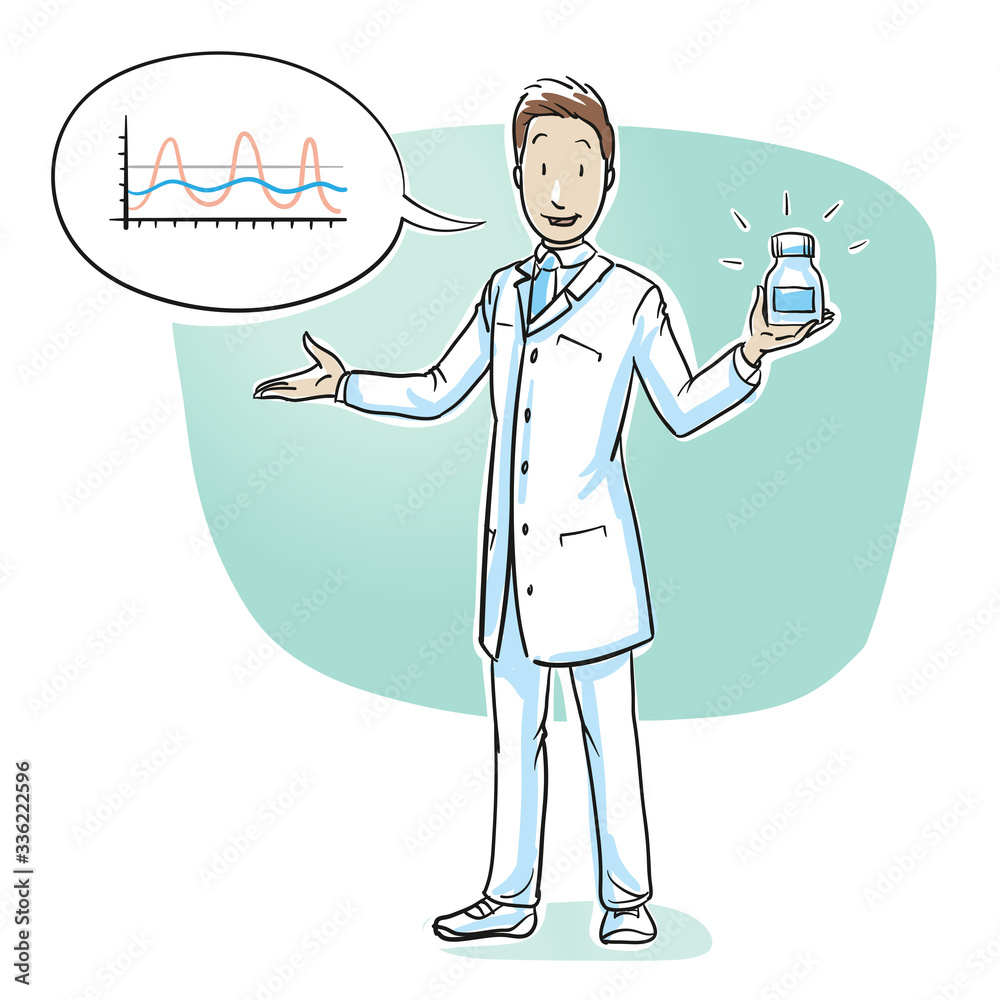Scientist, doctor or pharmacist presenting medicine bottle with chart ...