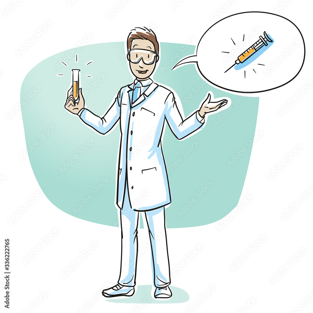 Scientist with test tube and speech bubble with vaccination or ...