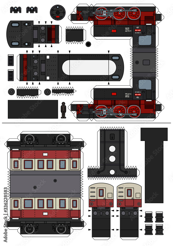 The paper model of a vintage steam locomotive with a passenger wagon ...