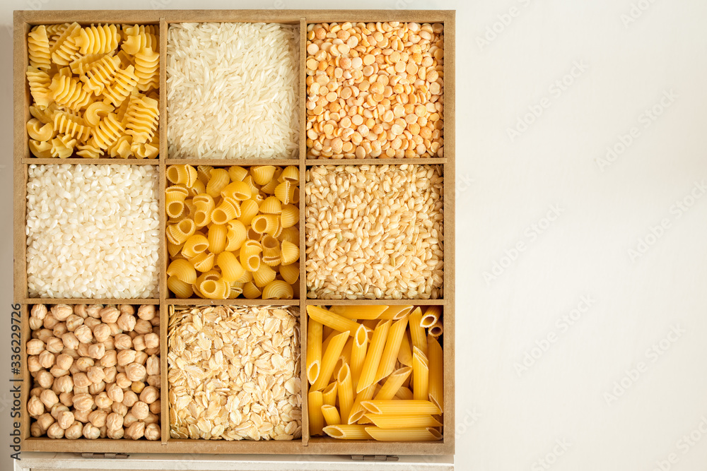 box with different types of pasta, rice and others Stock Photo | Adobe ...